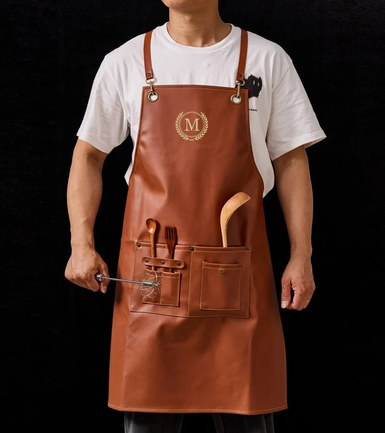 Personalized Bar Apron, Faux Leather Workshop Apron with Pockets, Kitc ...