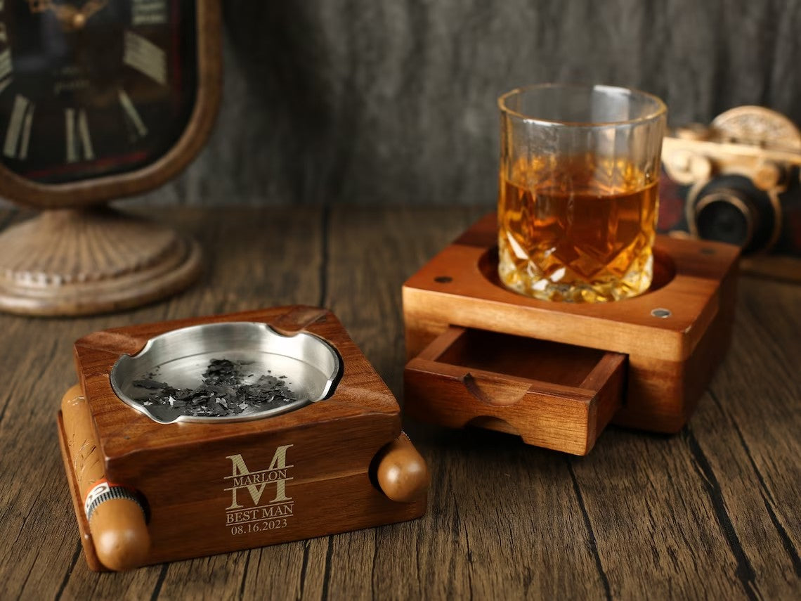 Wood Cigar Ashtray Coaster with Whiskey Glass Tray Set – JJLeatherHouse